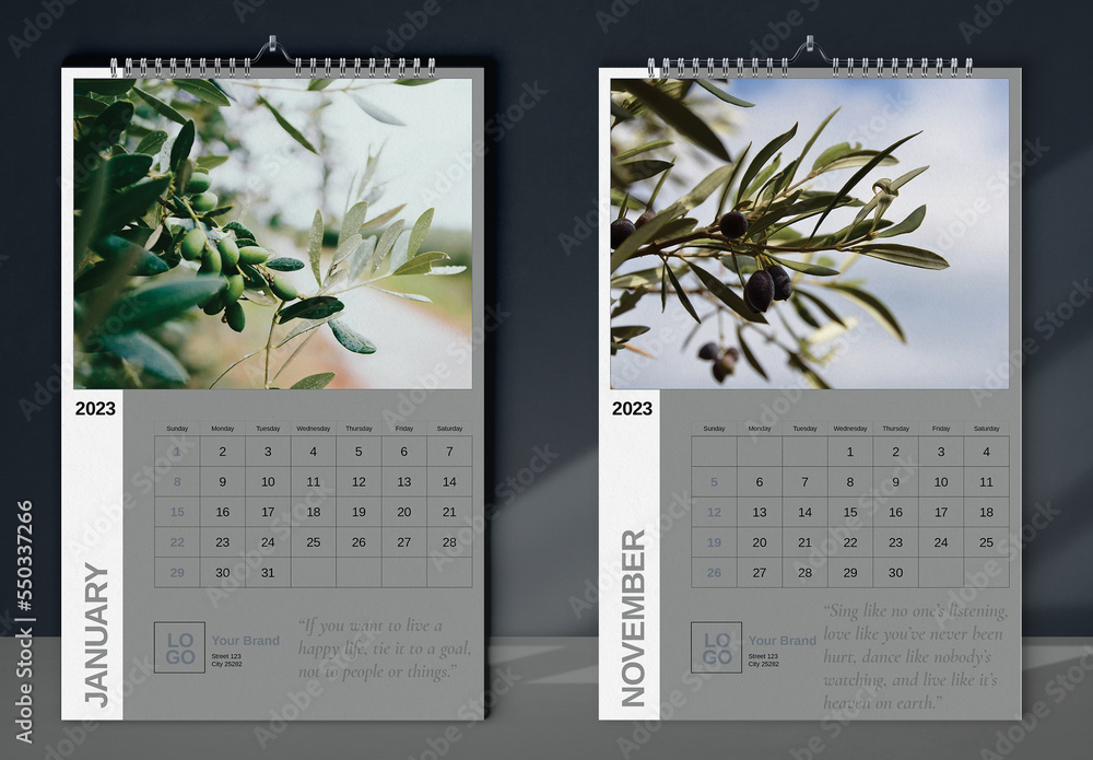 Olive Wall Calendar 2023 Layout Stock Template | Adobe Stock