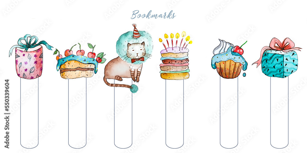 Watercolor set of bookmarks Happy birthday. Cake, festive candles ...