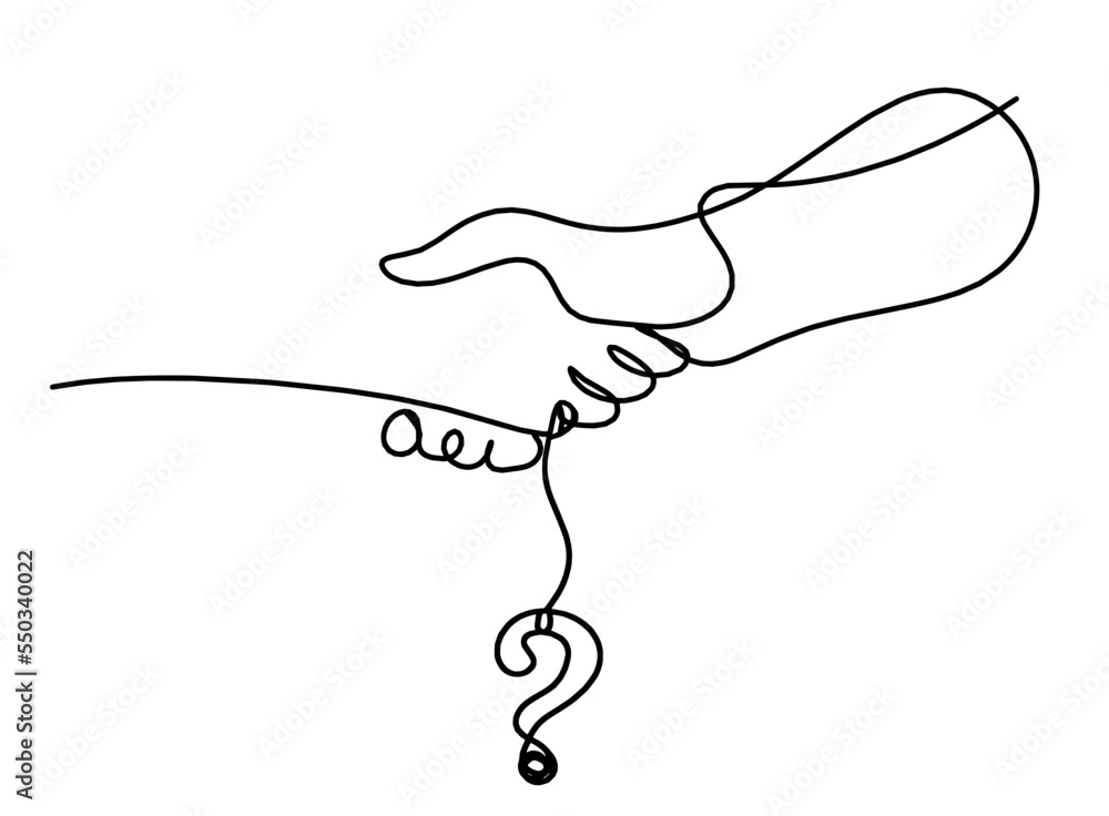 Abstract handshake with question mark as line drawing on white ...