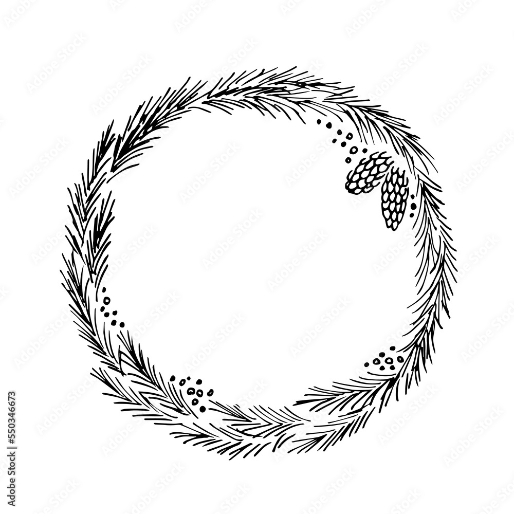 Simple black outline vector drawing. Christmas wreath, round frame of ...