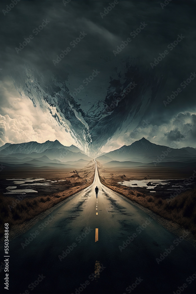 person standing on a long road into the distance, misty dark landscape ...