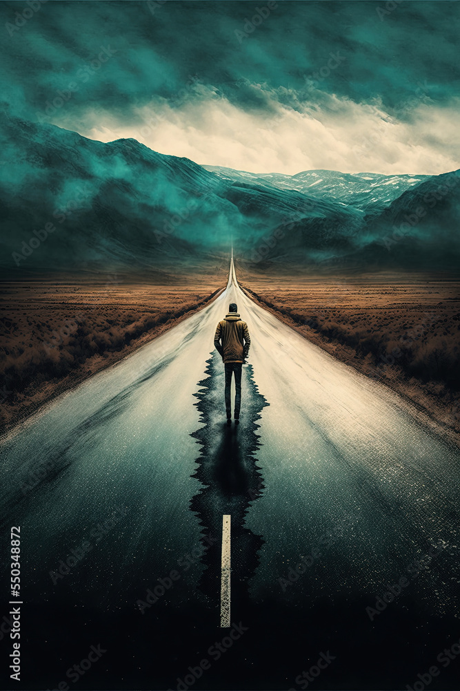 male person standing on a long road into the distance, misty dark ...