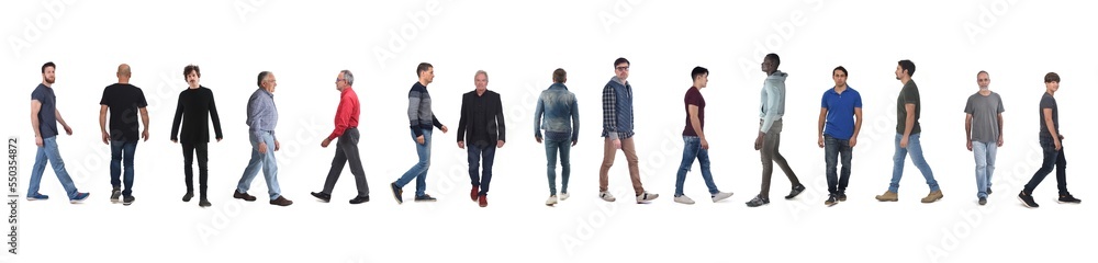 line of front,side and back view large group of man with jeans walking ...