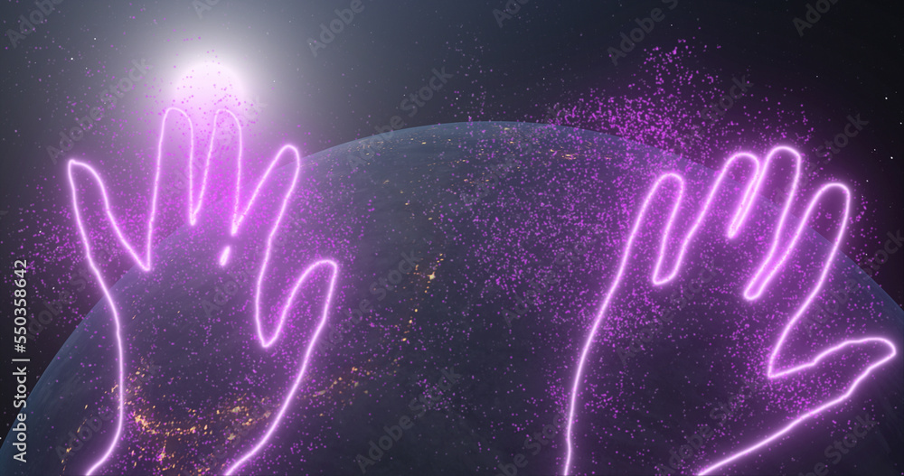 Gesture hello, wave hands. Neon glowing outlines of hands show a symbol ...