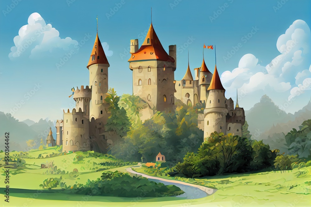 Cartoon nature scene with beautiful castle near the forest illustration ...