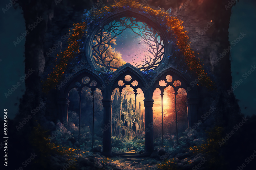 AI generated image of an ancient, ruined crumbling Gothic fort ...