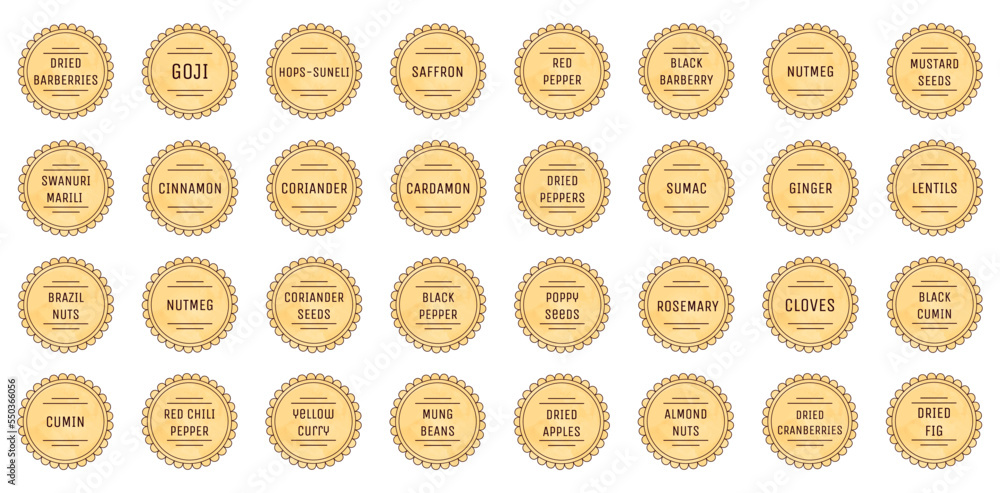 Round spice labels. Cardboard food labels or stickers. Labeling of ...