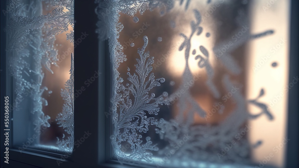 Frosty window patterns. Winter and glowing lights behind the cozy home ...