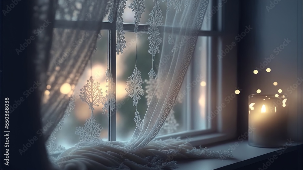 Frosty window patterns. Winter and glowing lights behind the cozy home ...