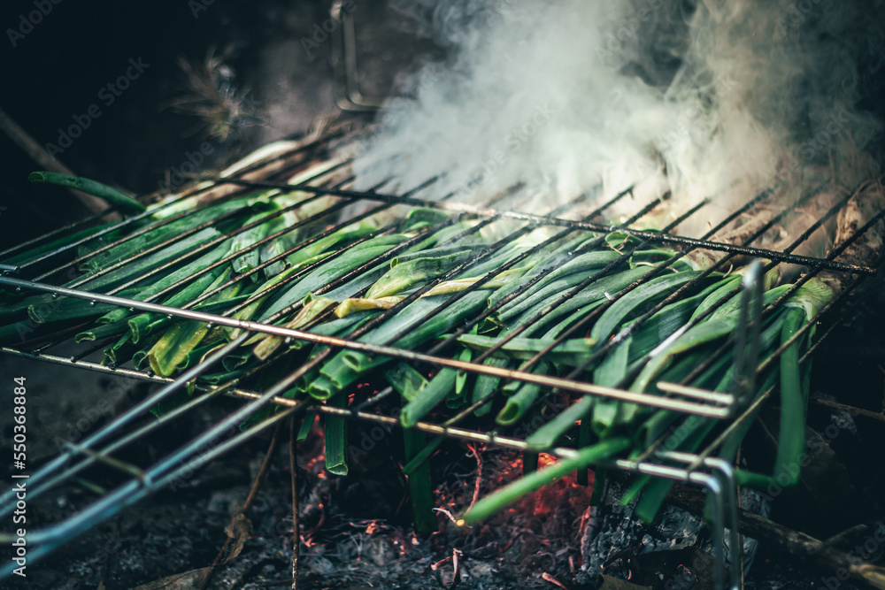 Calçots, a young Catalan onion. "Calçotada". typical catalan food. They ...