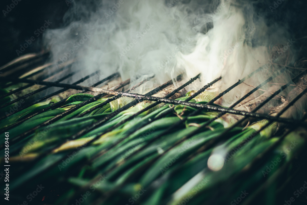 Calçots, a young Catalan onion. "Calçotada". typical catalan food. They ...