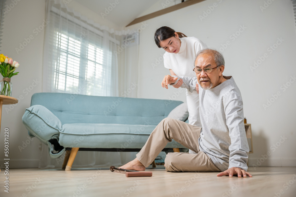Dizziness elderly old man falling down lying on floor with walking ...