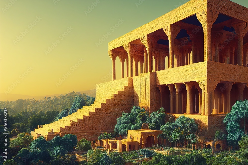 exterior of a marvellous ancient babylonian palace, blue glazed bricks ...