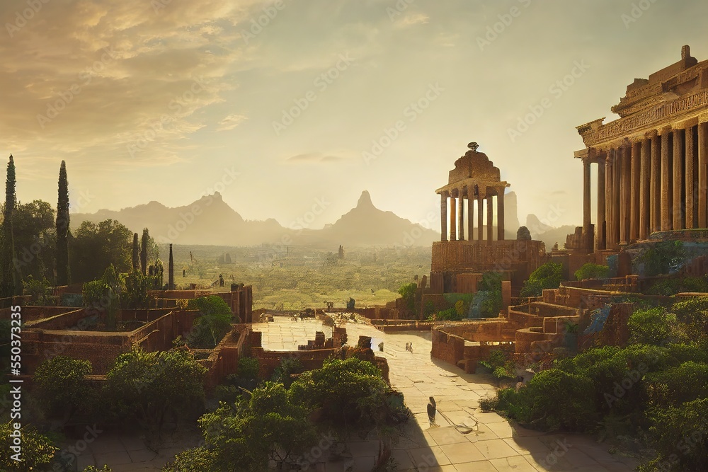 exterior of a marvellous ancient babylonian palace, blue glazed bricks ...