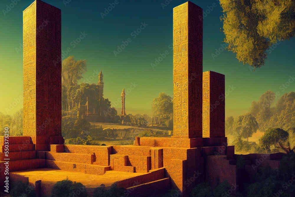 exterior of a marvellous ancient babylonian palace, blue glazed bricks ...