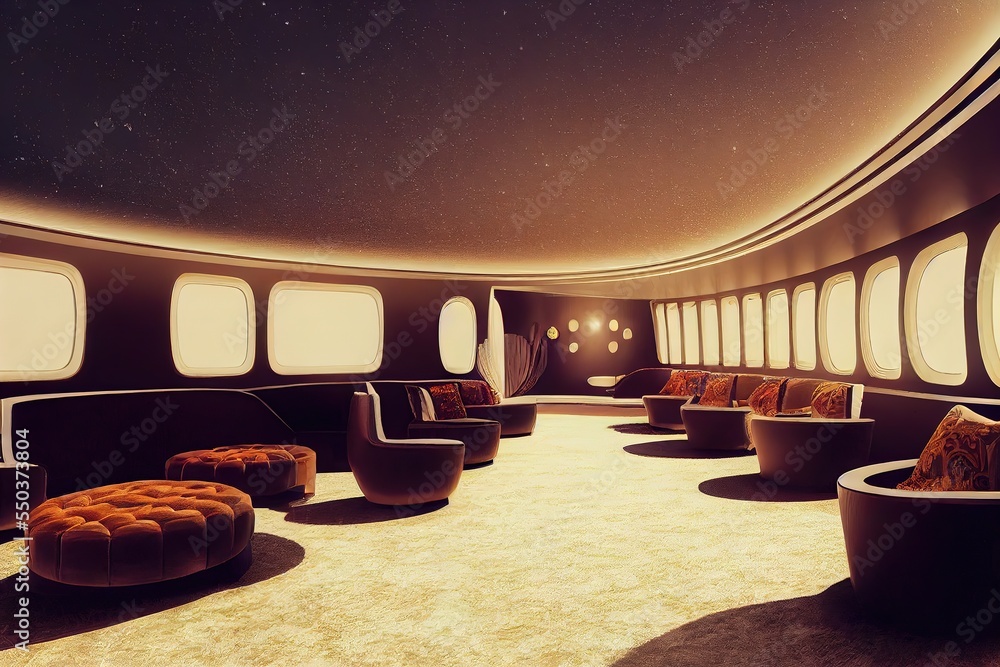 ornate luxury lounge room interior aboard a spaceship with a window ...