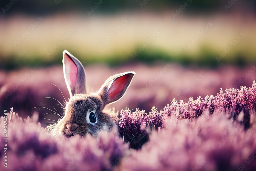 Photograph of a Bunny in a heather field with morning light Stock ...