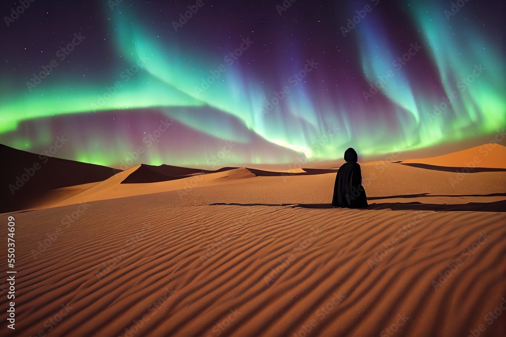 Polar lights over the Sahara desert, Bedouin man in awe, looking at the ...