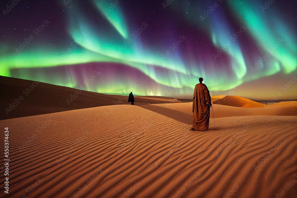 Polar lights over the Sahara desert, Bedouin man in awe, looking at the ...