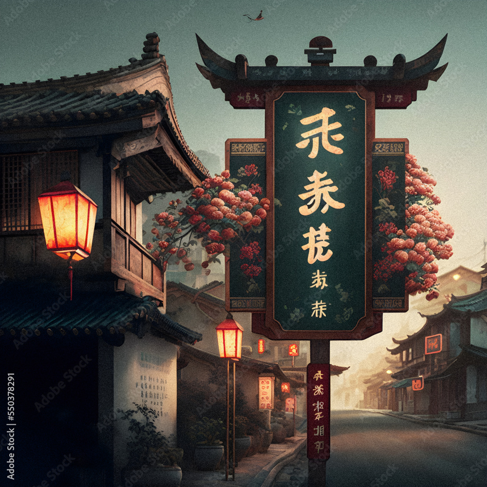 Outdoor street name sign in Chinese towns illustration, granular ...