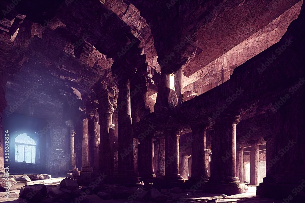 underground temple, dark cavern with crystals, columns with ruins ...