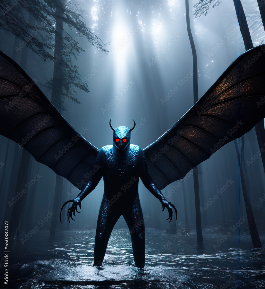 ภาพประกอบสต็อก The Mothman is a cryptid with glowing red eyes. This ...