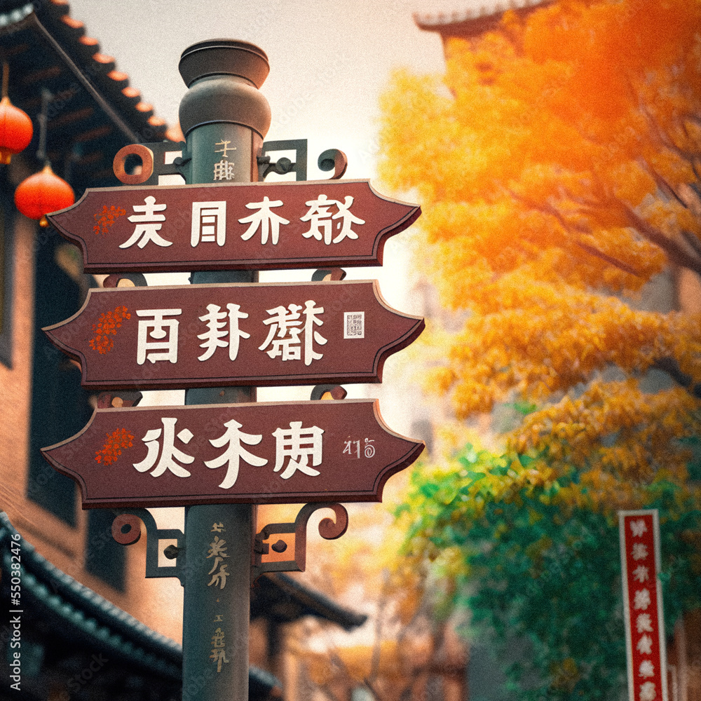 Outdoor street name sign in Chinese towns illustration, granular ...