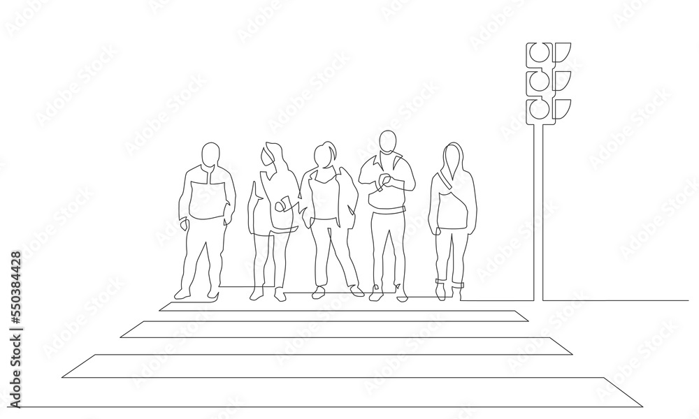 Continuous line drawing of crosswalk. People waiting green traffic ...