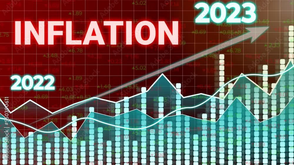 Rubel currency rate up in 2023 and rate animation on black background ...