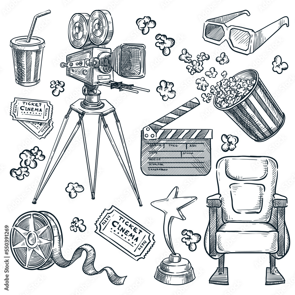 Movie and cinema theater hand drawn vector sketch illustration. Video ...
