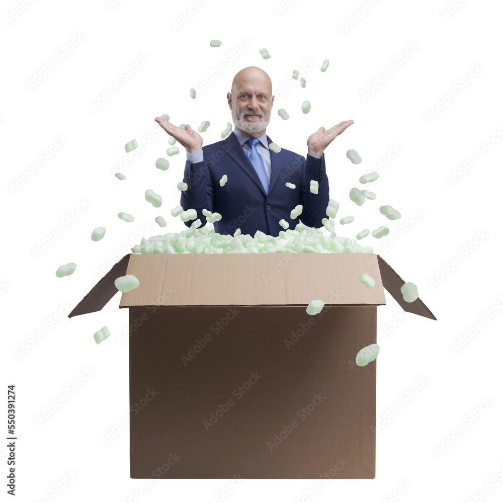 PNG file no background Businessman coming out from a delivery box Stock ...