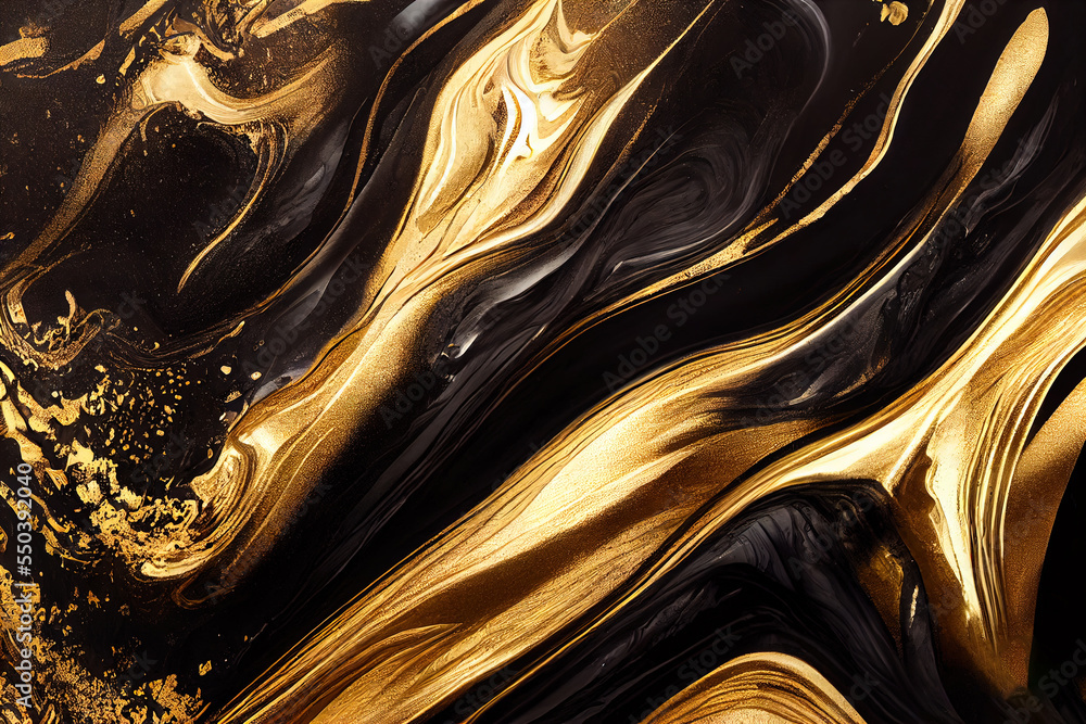 a gold and black abstract painting with gold paint streaks on it's ...