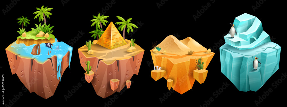 Game island, vector isometric 3D floating land, Egypt desert pyramid ...