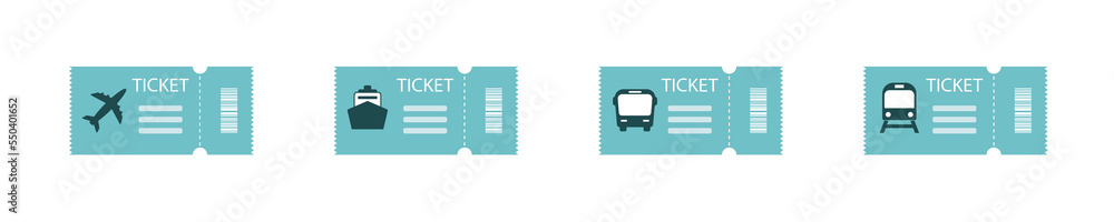 Travel ticket icon vector. Ticket, airplane, train, ship, bus. Filled ...