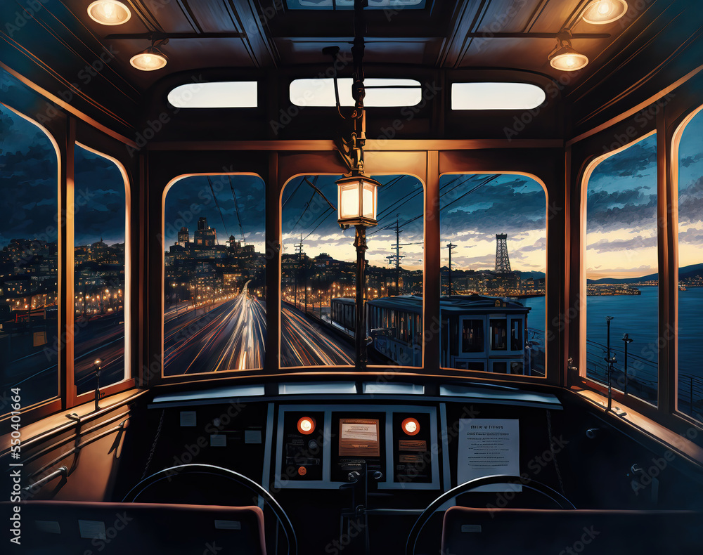 AI generated image of inside view of a historic Cable Car from San ...