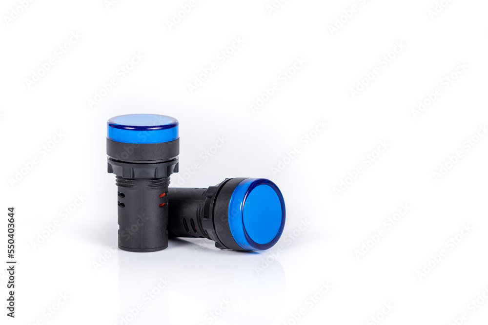 Blue pilot lamp led for main distribution board isolated on white ...