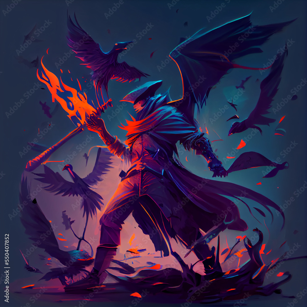 Fight scene of the man with magic wizard staff and the devil of crows ...