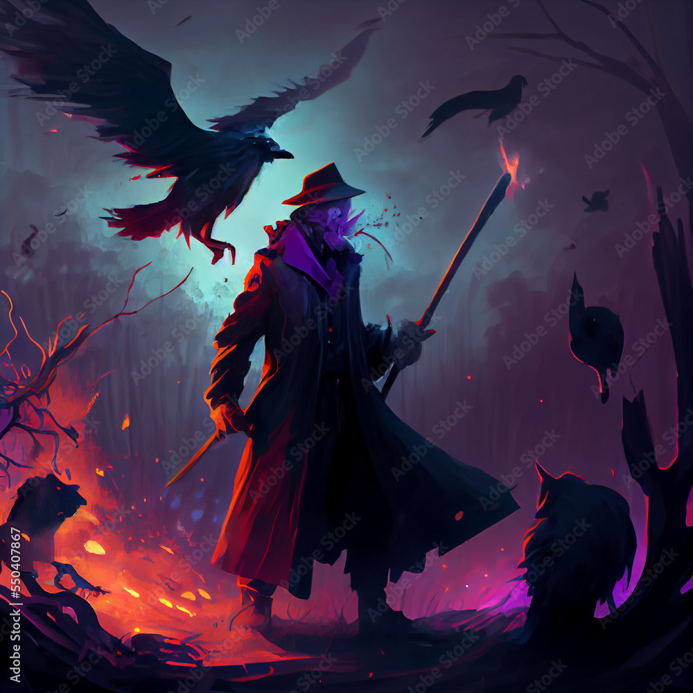 Fight scene of the man with magic wizard staff and the devil of crows ...