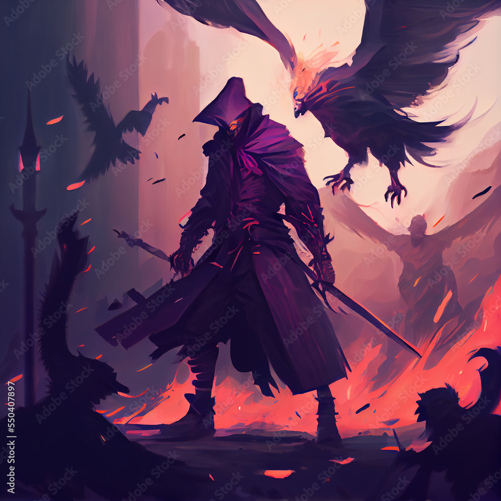 Fight scene of the man with magic wizard staff and the devil of crows ...