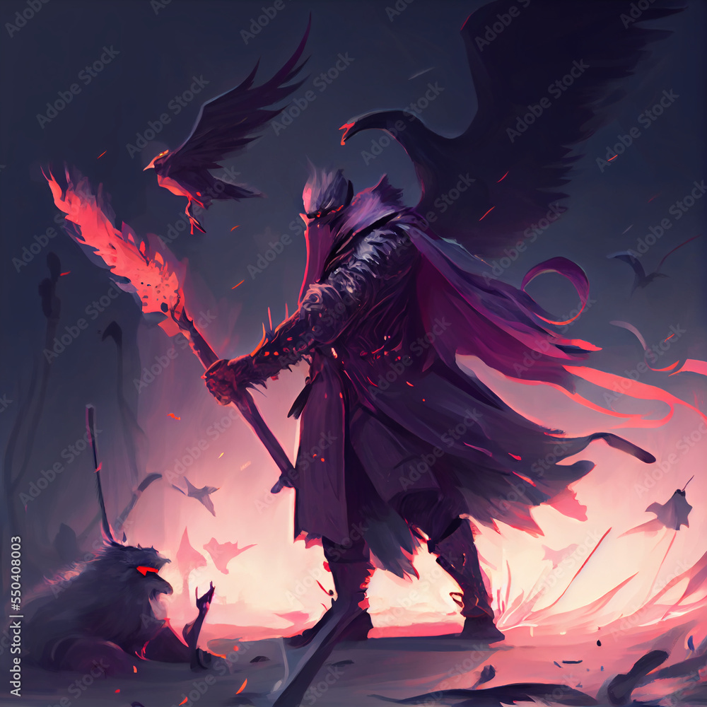 fight scene of the man with magic wizard staff and the devil of crows ...