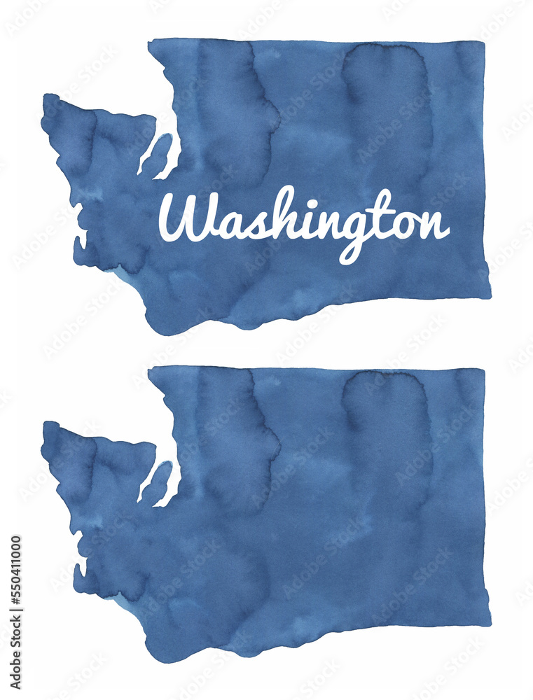 Watercolour illustration set of Washington State Map in navy blue ...