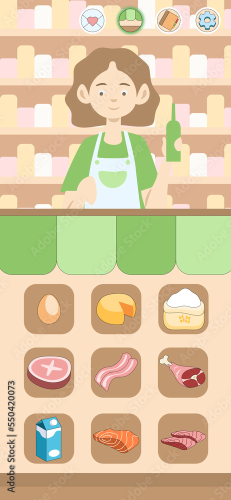 Vertical game design of supermarket, female cashier, grocery, food ...