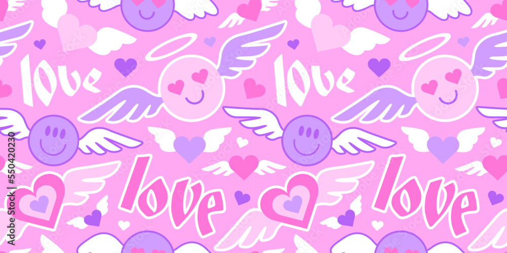 Heart shape cartoon face sticker label seamless pattern. Retro 90s pink ...