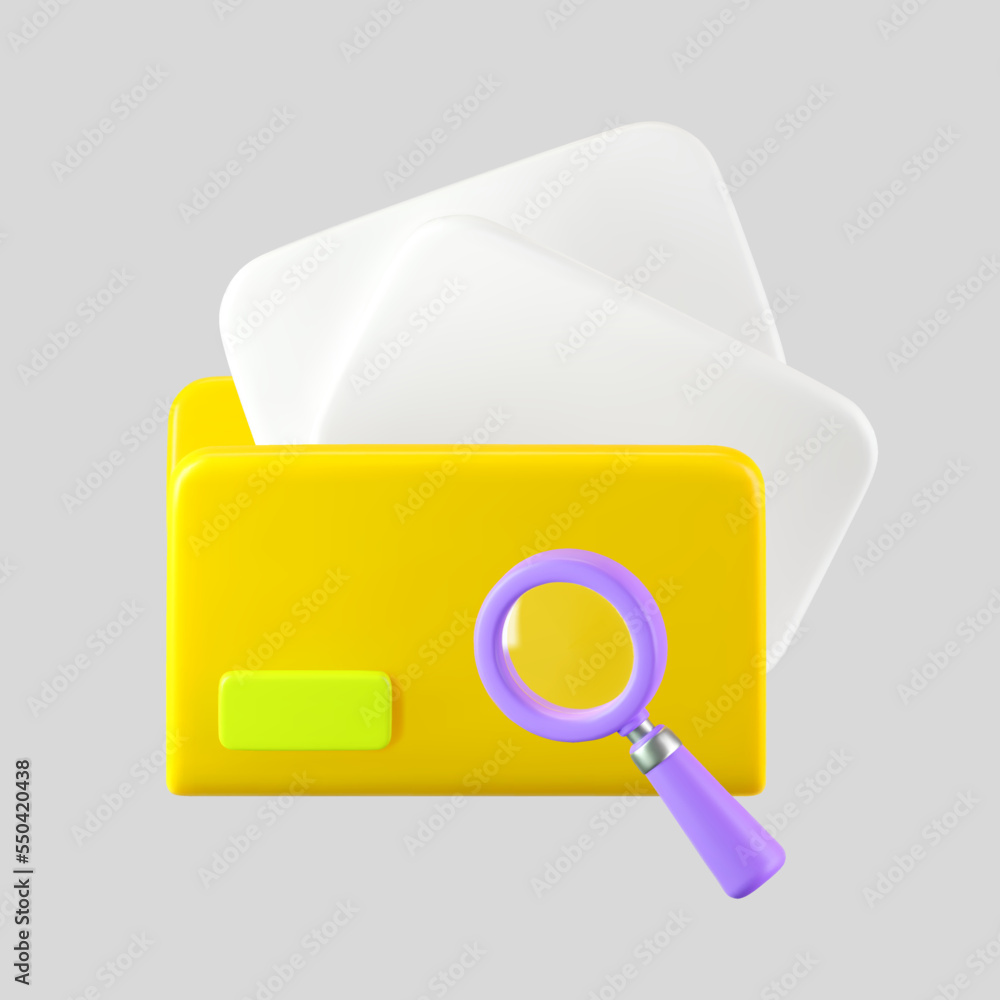 3d yellow computer file folder icon with blank document and magnifying glass isolated on ...