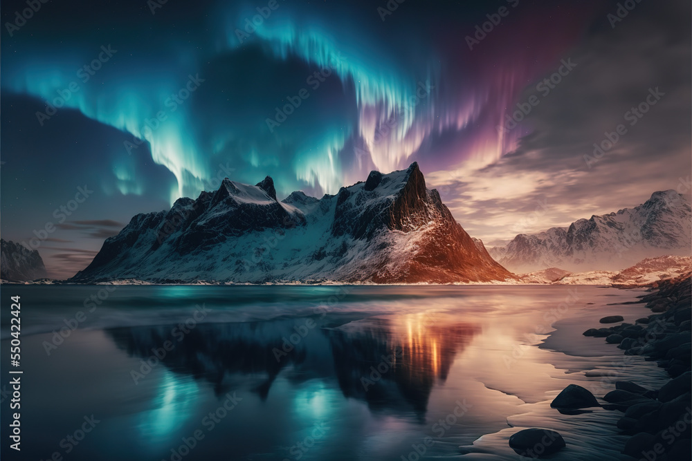 Beautiful and unreal Aurora borealis, or Northern Lights and mountains ...