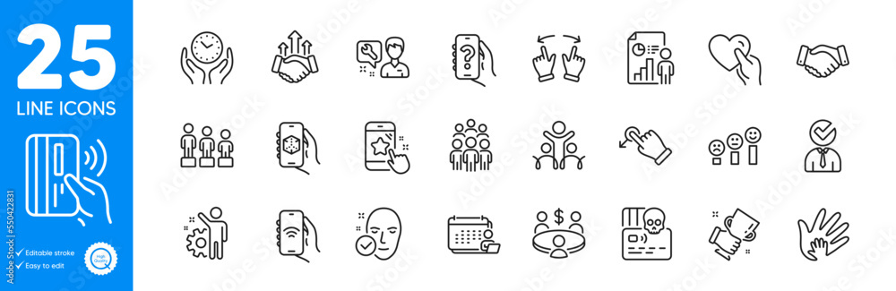Outline icons set. Customer satisfaction, Social responsibility and ...