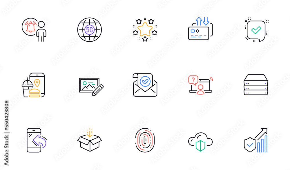 5g internet, User notification and Fingerprint line icons for website, printing. Collection of ...