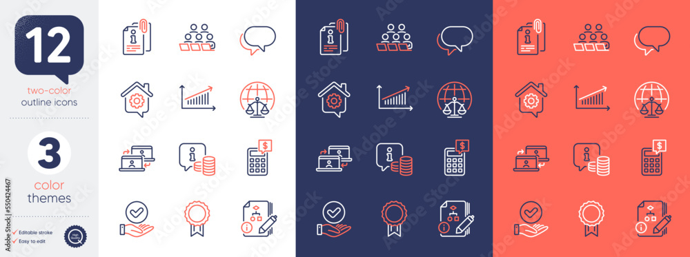 Set of Chart, Magistrates court and Reward line icons. Include Talk ...
