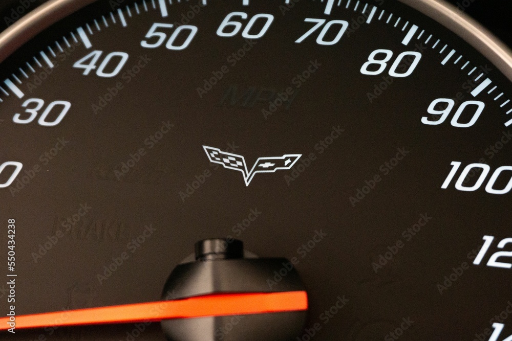 Speedometer of a Corvette C6 Grand Sport with the logo on it Stock ...