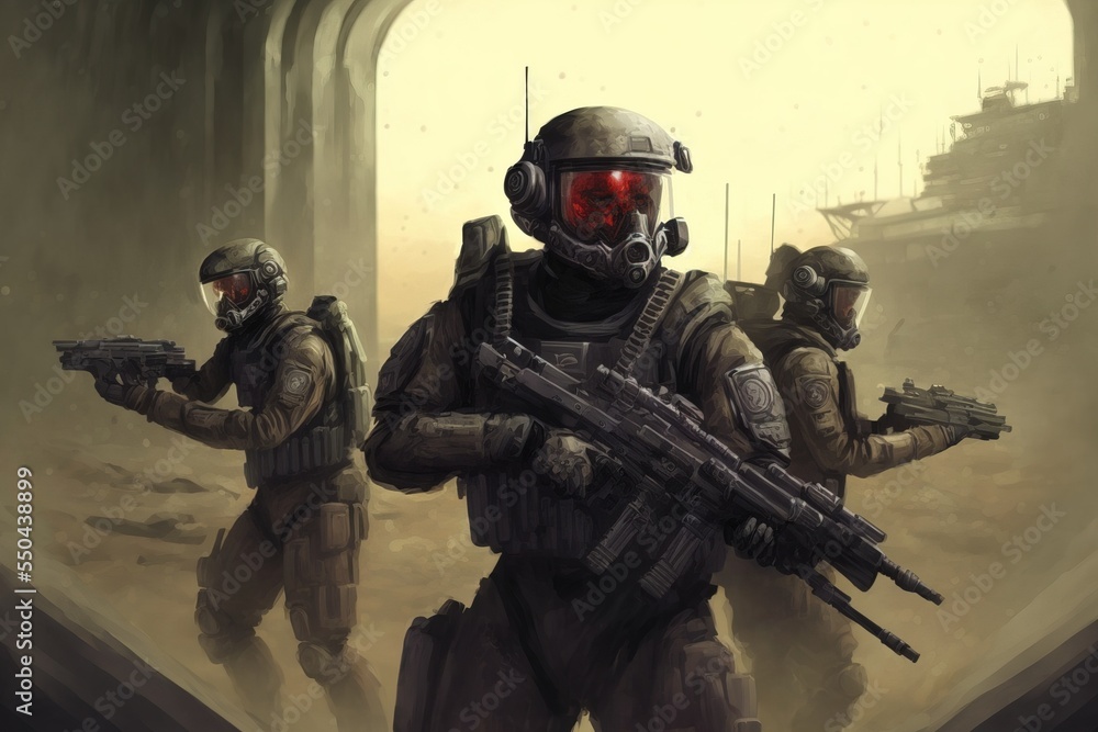 Futuristic soldiers on a military operation. Digital painting Stock ...